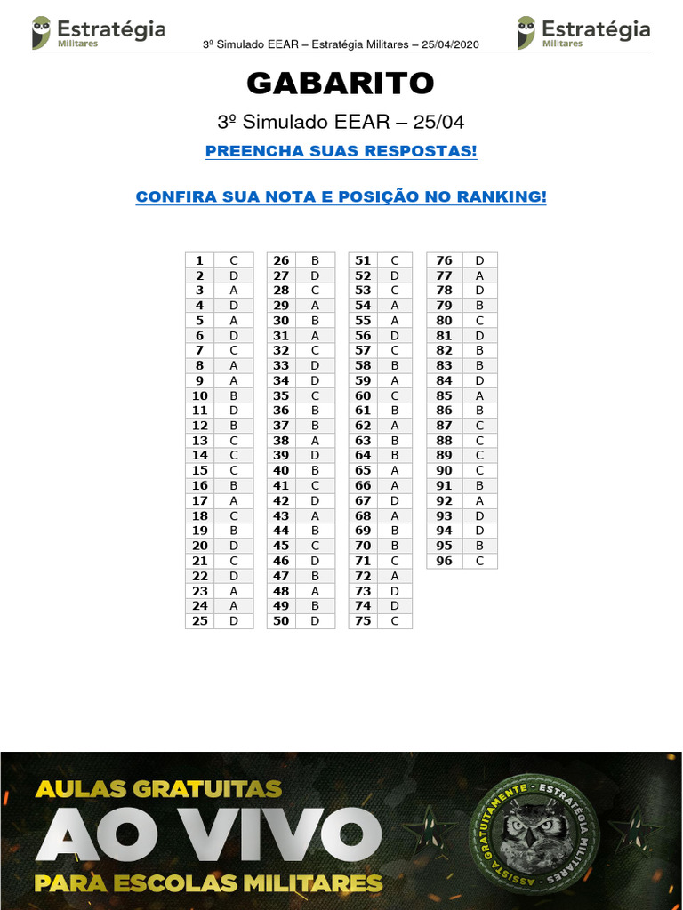 GABARITO 3º SIMULADO EEAR Estratégia Militares | PDF