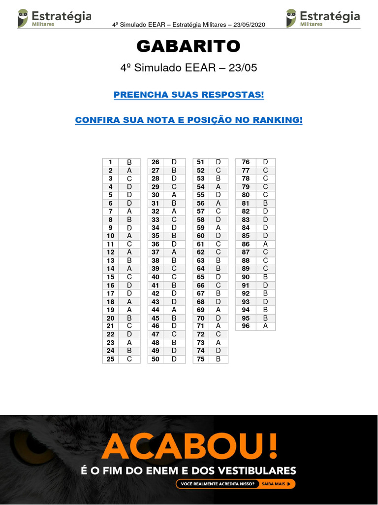 GABARITO 4º SIMULADO EEAR Estratégia Militares | PDF