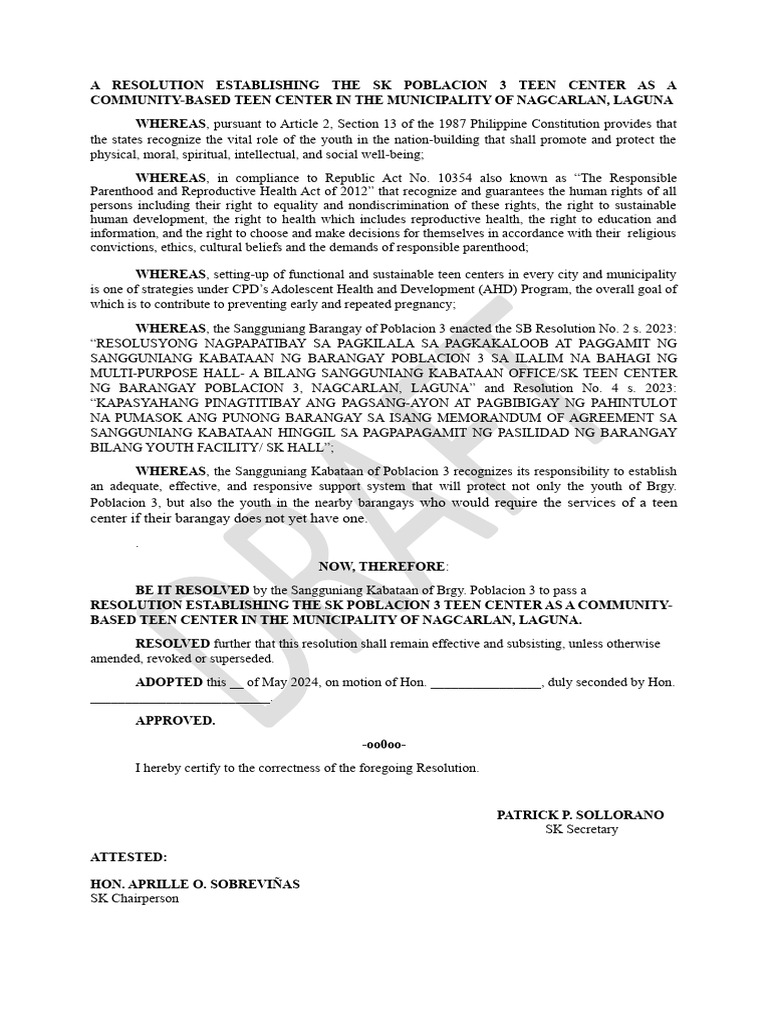 A RESOLUTION ESTABLISHING THE SK POBLACION 3 TEEN CENTER AS A COMMUNITY ...