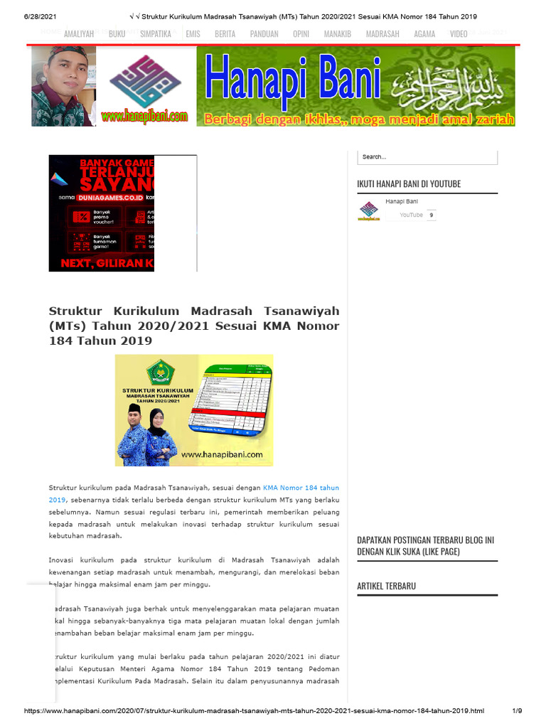 Struktur Kurikulum Madrasah Tsanawiyah (MTS) Tahun 2020 - 2021 Sesuai KMA Nomor 184 Tahun 2019 | PDF