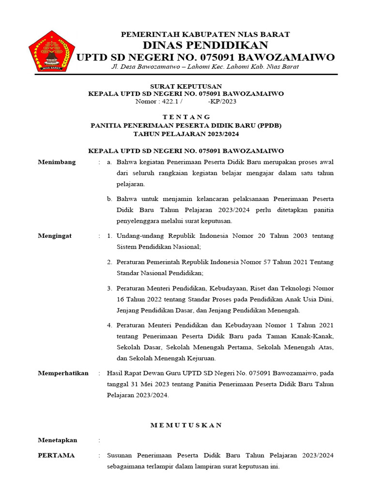 SK Panitia PPDB SD 2022-2023 | PDF