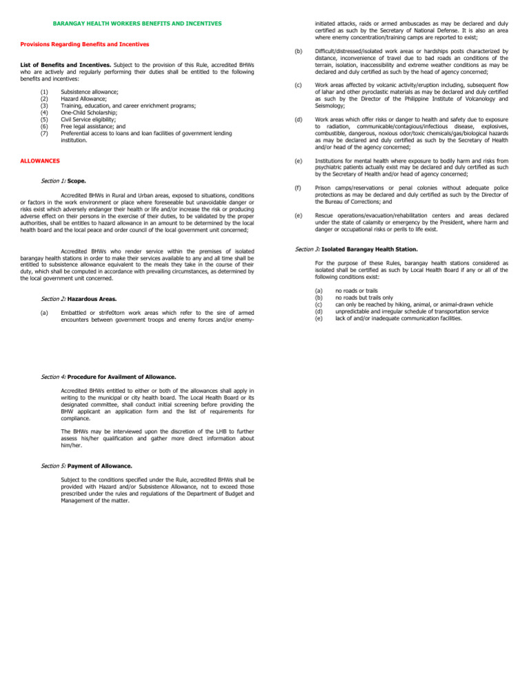 BARANGAY HEALTH WORKERS BENEFITS AND INCENTIVES | PDF | Risk | Hazards