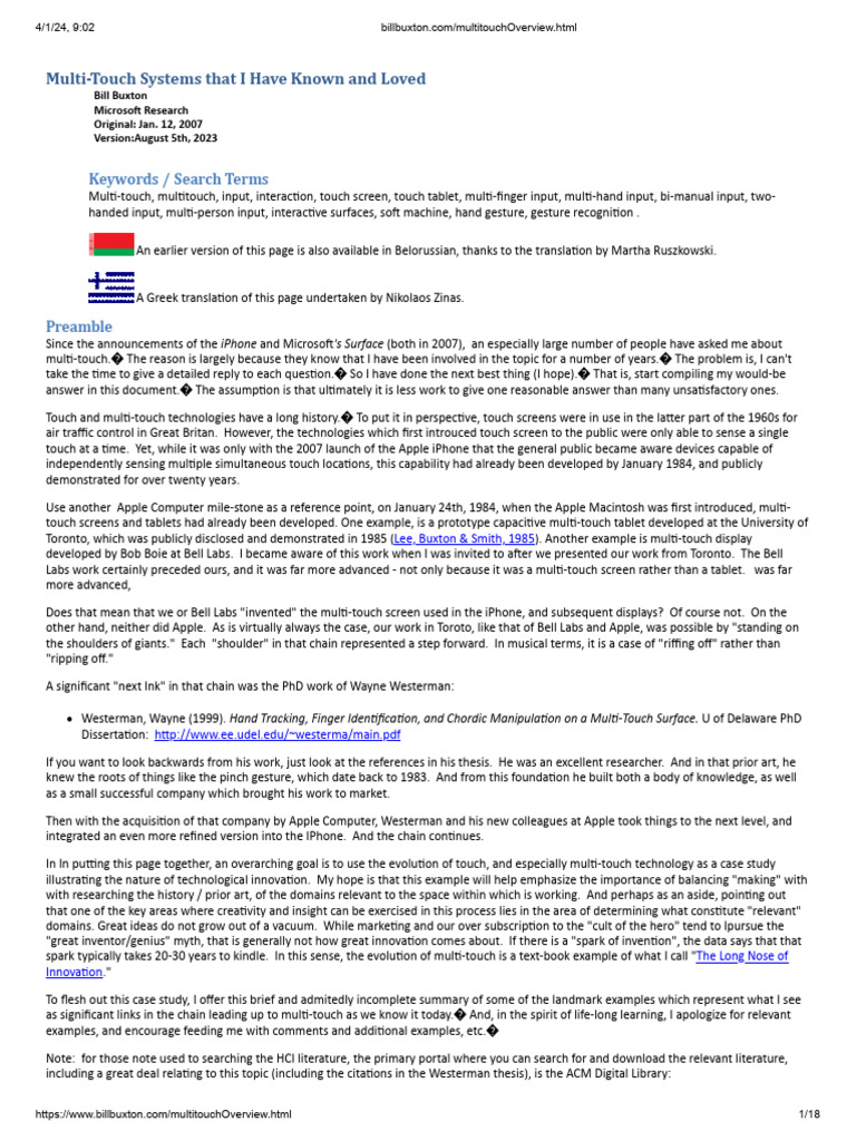 BuxtonB23a Multitouch Systems That I Have Known and Loved | PDF | Touchscreen | Computing
