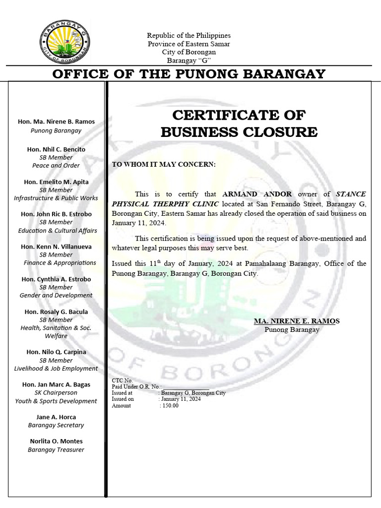 Certificate of Business Closure | PDF