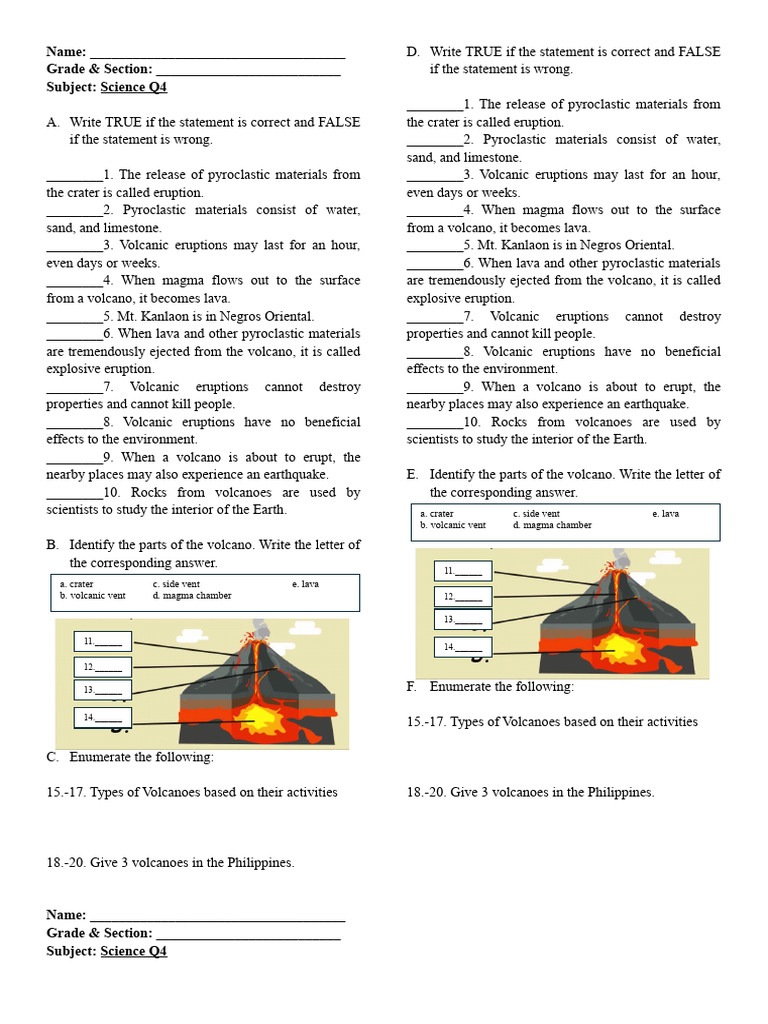 SCIENCE 6 - QUARTER 4 - CHANGES OF THE EARTH - VOLCANO (Quiz) | PDF | Volcano | Types Of ...