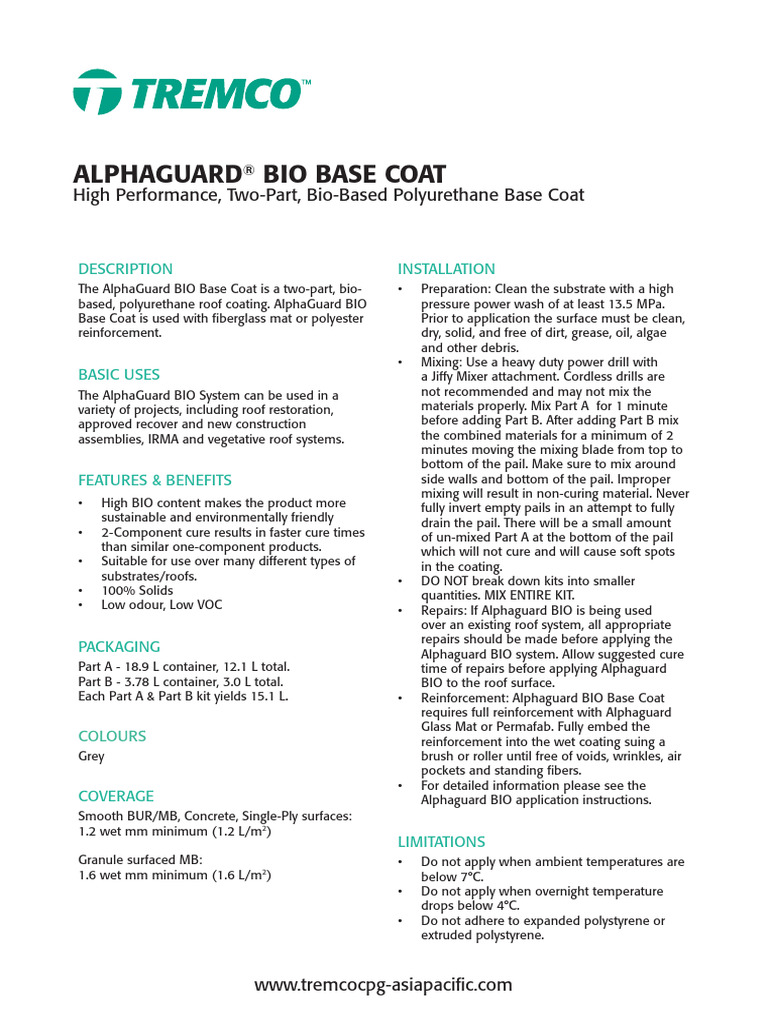 TDS Tremco CPG APAC AlphaGuard BIO Base Coat | PDF | Concrete | Roof