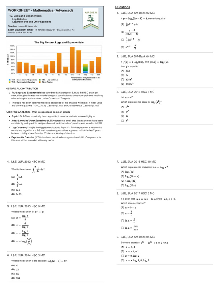 Log Calculus Laws and Equations Worksheet | PDF | Logarithm | Equations