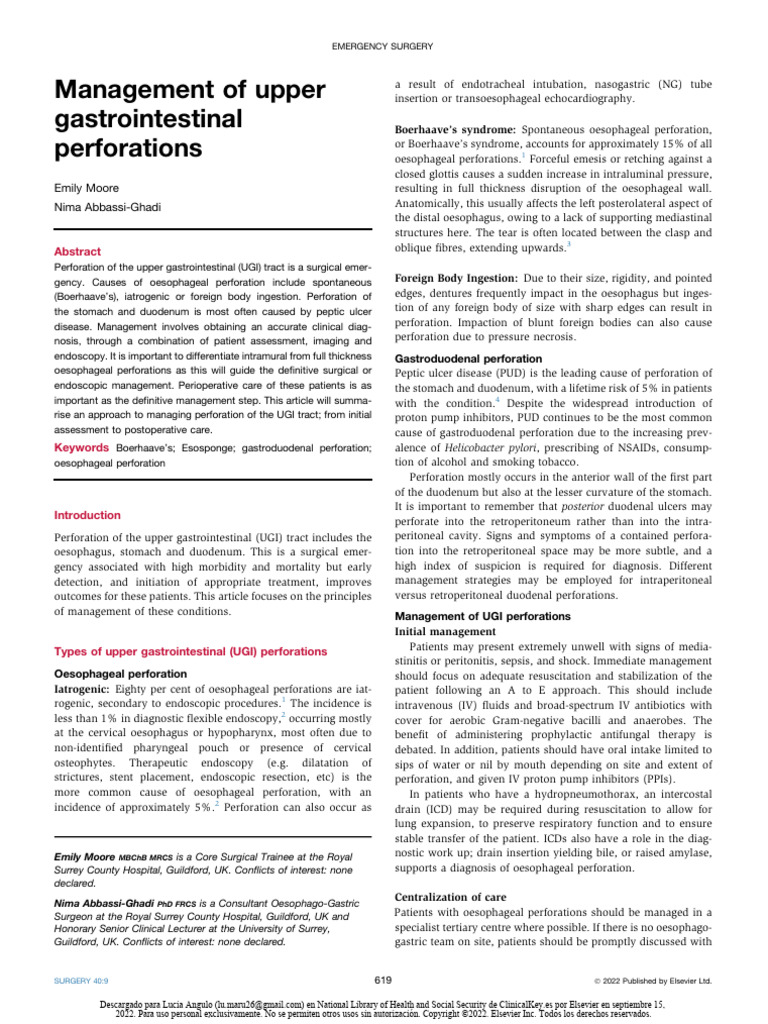 Management of Upper Gastrointestinal Perforations | PDF | Esophagus ...