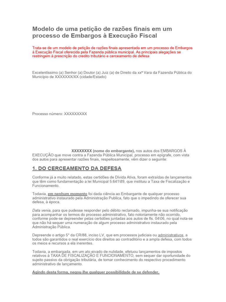 Modelo de Uma Petição de Razoes Finais em Um Proc de Embargos A ... Modelo de Uma Petição de Razoes Finais em Um Proc de Embargos A ...