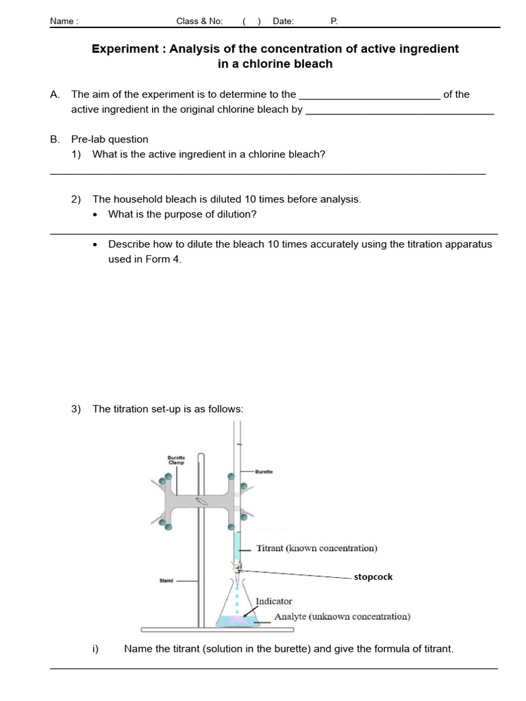 Experiment 53.1 Determine The Conc. of NaOCl in A Household Bleach ...