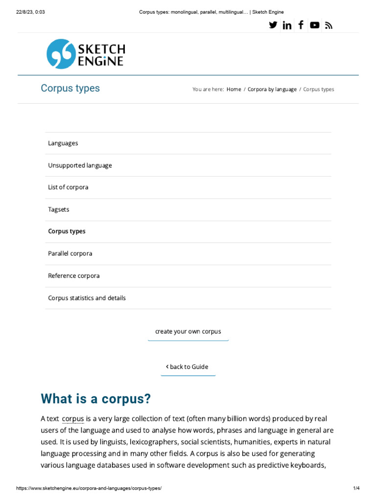 Corpus Types Monolingual Parallel Multilingual Sketch Engine | PDF | Cognitive Science | Human ...