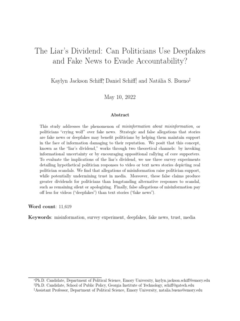 Liar's Dividend Schiff Schiff Bueno | PDF | Deception | P Value