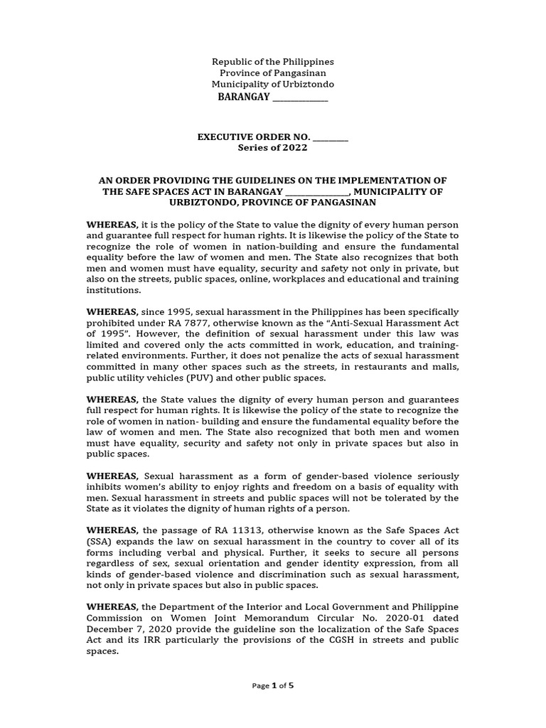 EXECUTIVE-ORDER-BARANGAY-ANTI-SEXUAL-HARASSMENT-DESK | PDF | Sexual ...