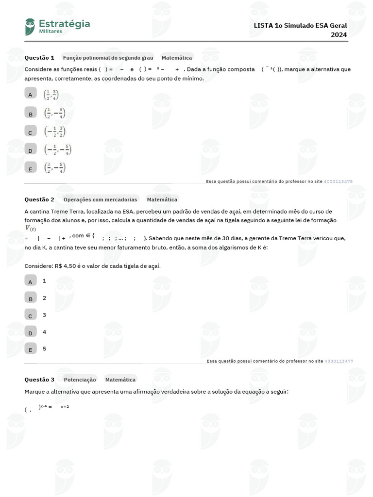 Simulado ESA 2024: Questões de Matemática e Português | PDF | Equações ...