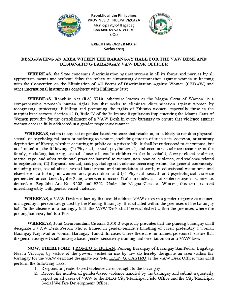 EO Designating VAW Desk and Desk Officer | PDF | Domestic Violence ...