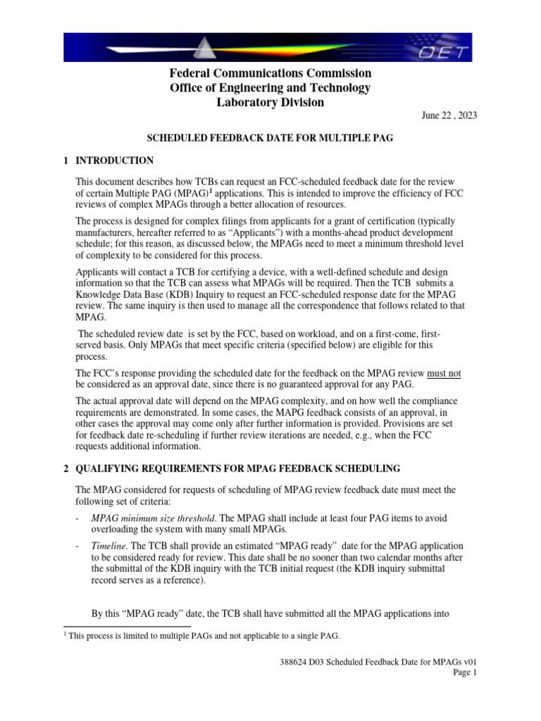 D03 Scheduled Feedback Date For MPAGs v01 | PDF | Information