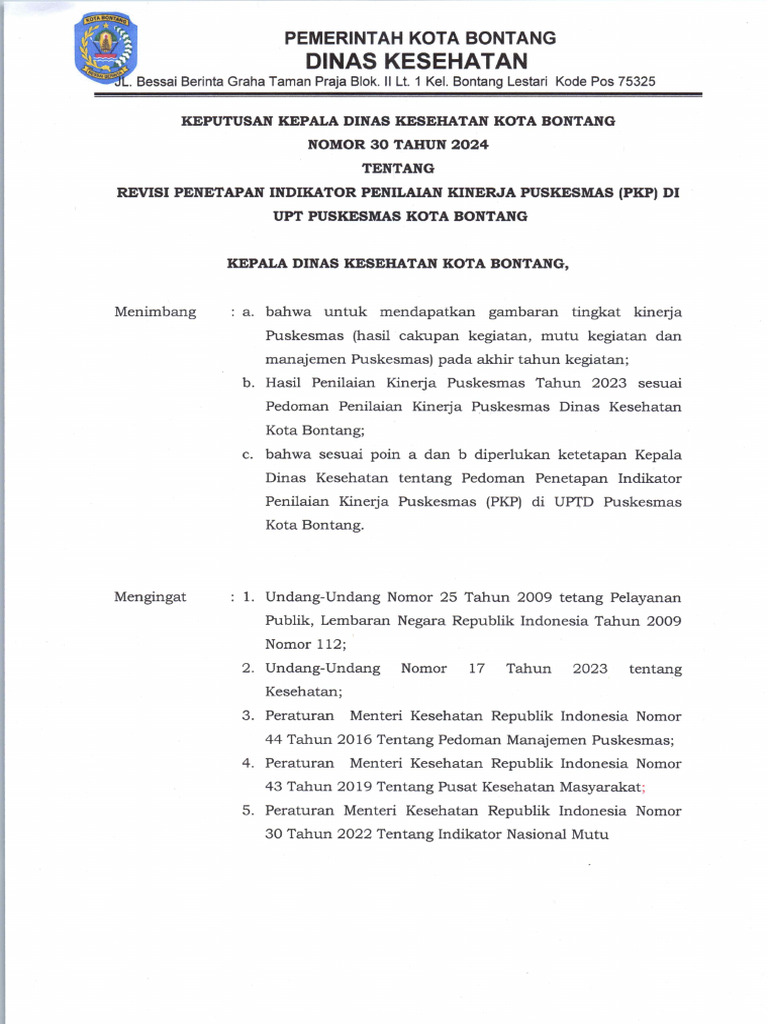 SK Penetapan Indikator PKP Puskesmas 2024 | PDF