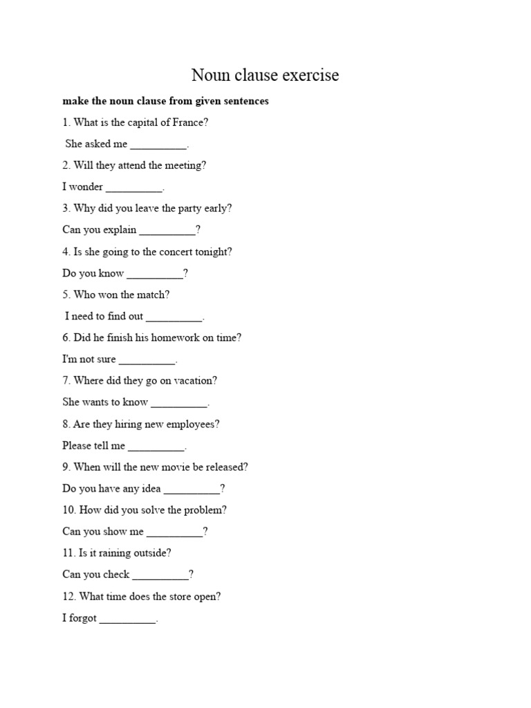 Noun Clause Formation Exercise | PDF | Language Arts & Discipline