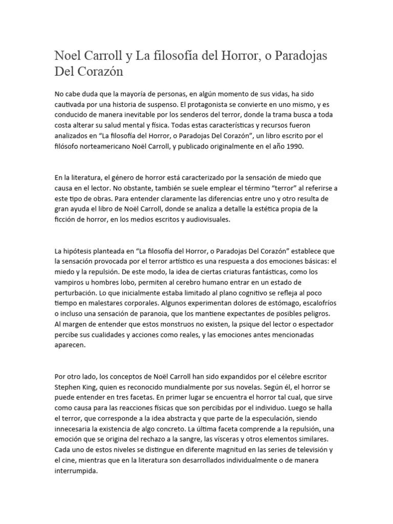 Noel Carroll y La Filosofía Del Horror, o Paradojas Del Corazón | PDF ...