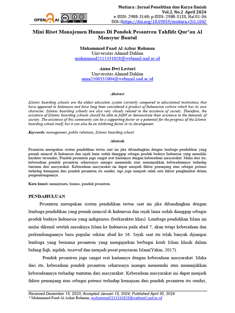01-06 Mini Riset Manajemen Humas Di Pondok Pesantren Tahfidz Qur'an Al Mansyur Bantul | PDF