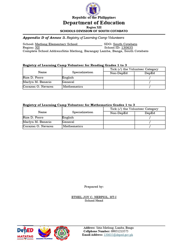 Appendix D of Annex 3 - Registry of Learning Camp Volunteers | PDF