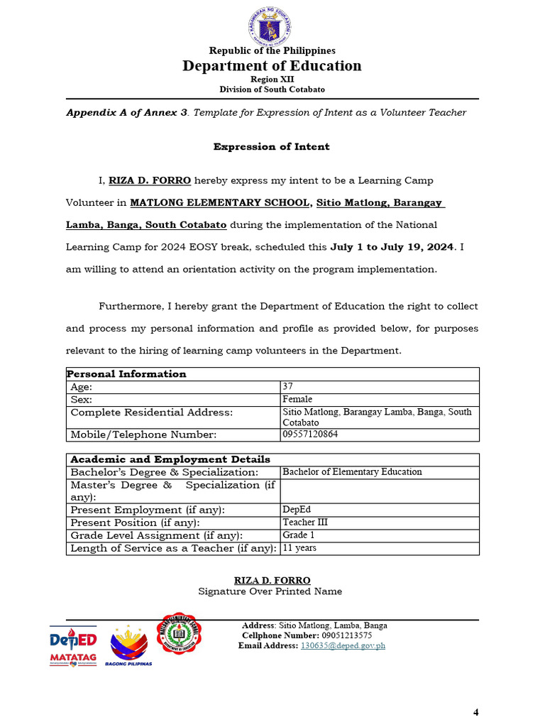 Appendix a of Annex 3- Template for Expression of Intent as a Volunteer ...
