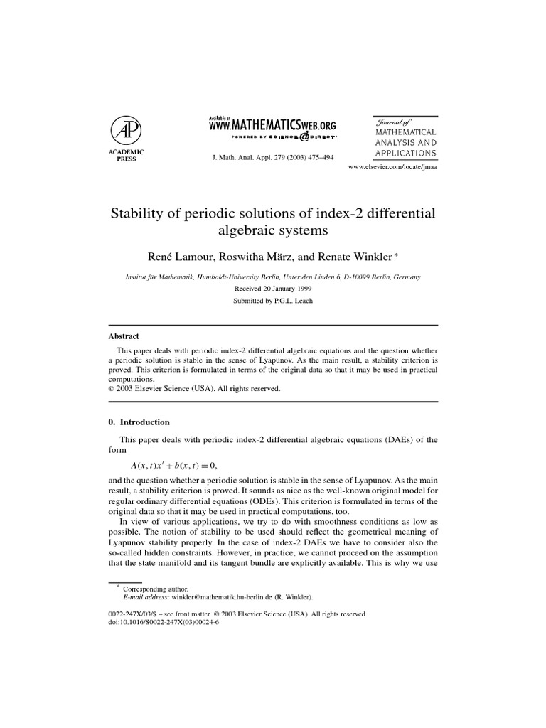 Lamour, März, Winkler - 2003 - Stability of Periodic Solutions of Index-2 Differential Algebraic ...