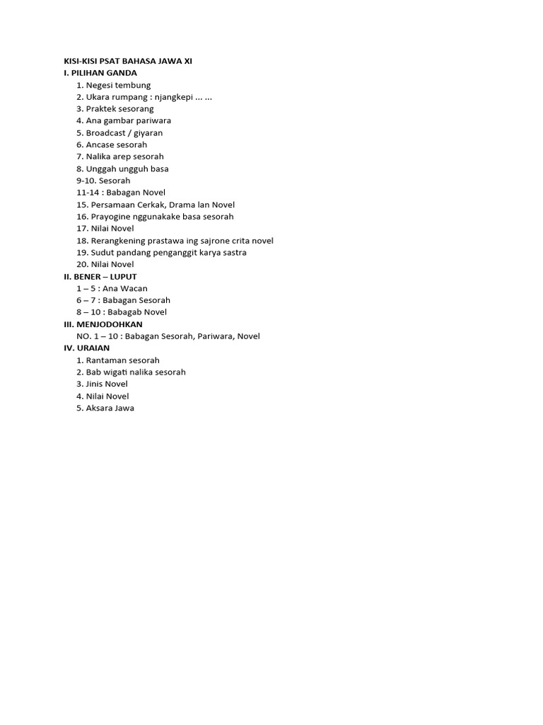 Kisi-Kisi Psat Bjawa Xi | PDF