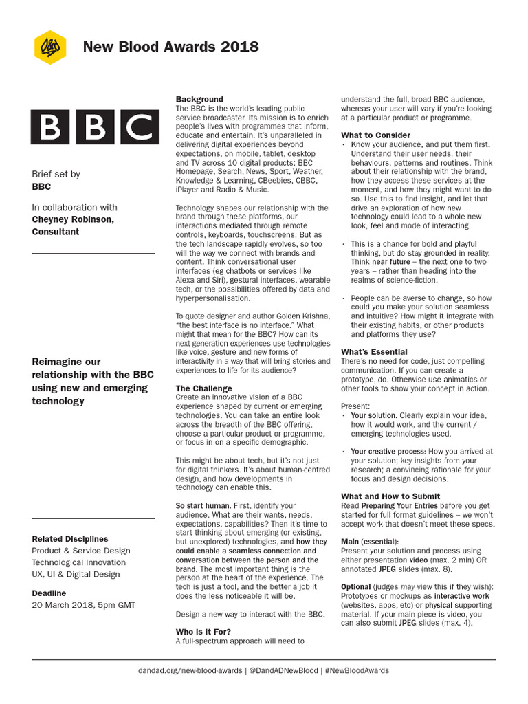 BBC Brief New Blood Awards 2018 | PDF | Bbc | Experience
