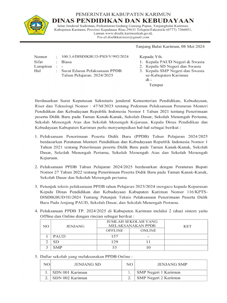 Surat Edaran PPDB 2024-1 | PDF
