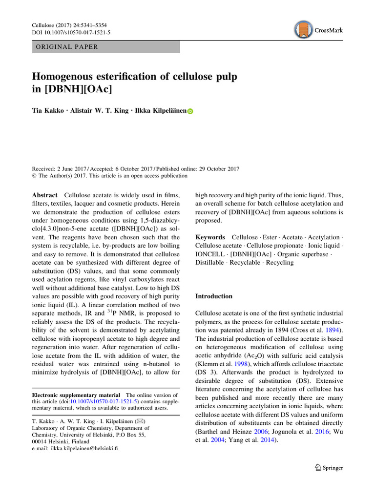 Homogenous Esterification of Cellulose Pulp in (DBNH) (OAc) | PDF | Acetic Acid | Ester