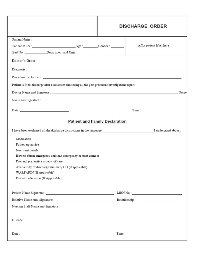 Discharge Order | PDF | Patient | Medical Prescription