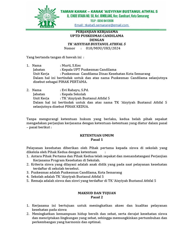 MoU-Puskesmas Candisari Dan TK ABA 5 | PDF