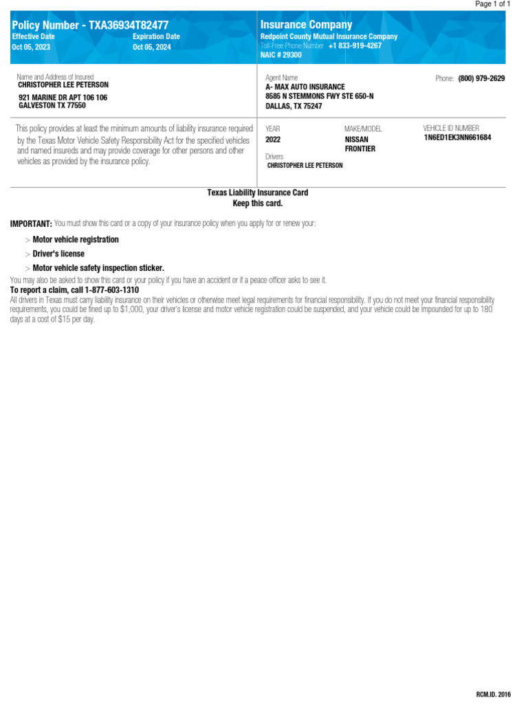 Texas Liability Insurance Card Details | PDF | Insurance | Financial Risk