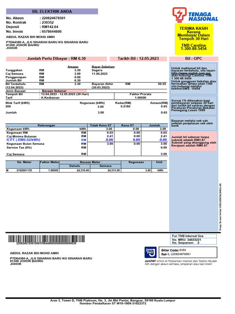 Bil Elektrik Anda: No. Akaun: 220824678501 No. Kontrak Deposit No. Invois: 230352: RM142.64: ...