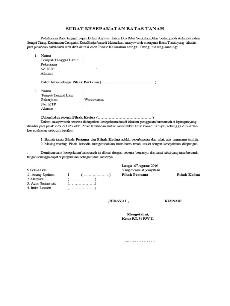 Surat Kesepakatan Batas Tanah | PDF