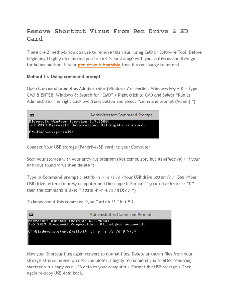 Remove Shortcut Virus from USB & SD Cards | PDF | Computers