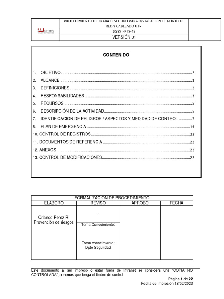 PROCEDIMIENTO DE TRABAJO SEGURO PARA INSTALACION DE PUNTOS DE RED Y ... PROCEDIMIENTO DE TRABAJO SEGURO PARA INSTALACION DE PUNTOS DE RED Y ...