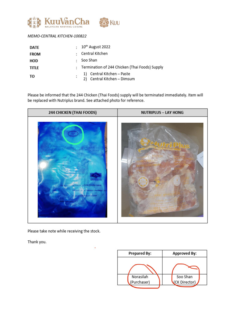 MEMO - Termination of 244 Chicken (Thai Foods) Supply | PDF
