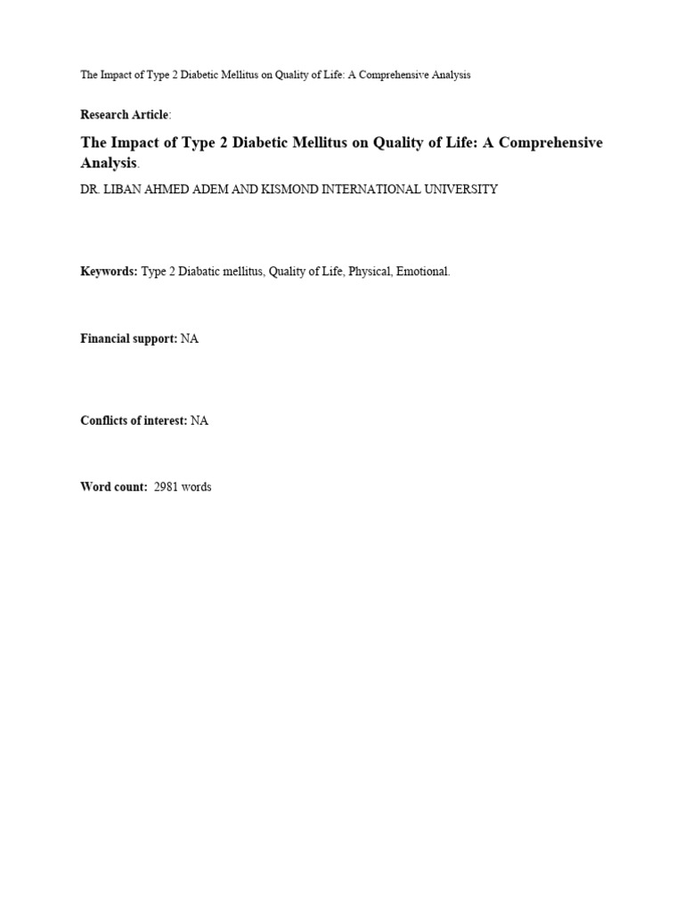 Type 2 Diabetic Mellitus Quality Of Life Comprehensive Analysis Pdf