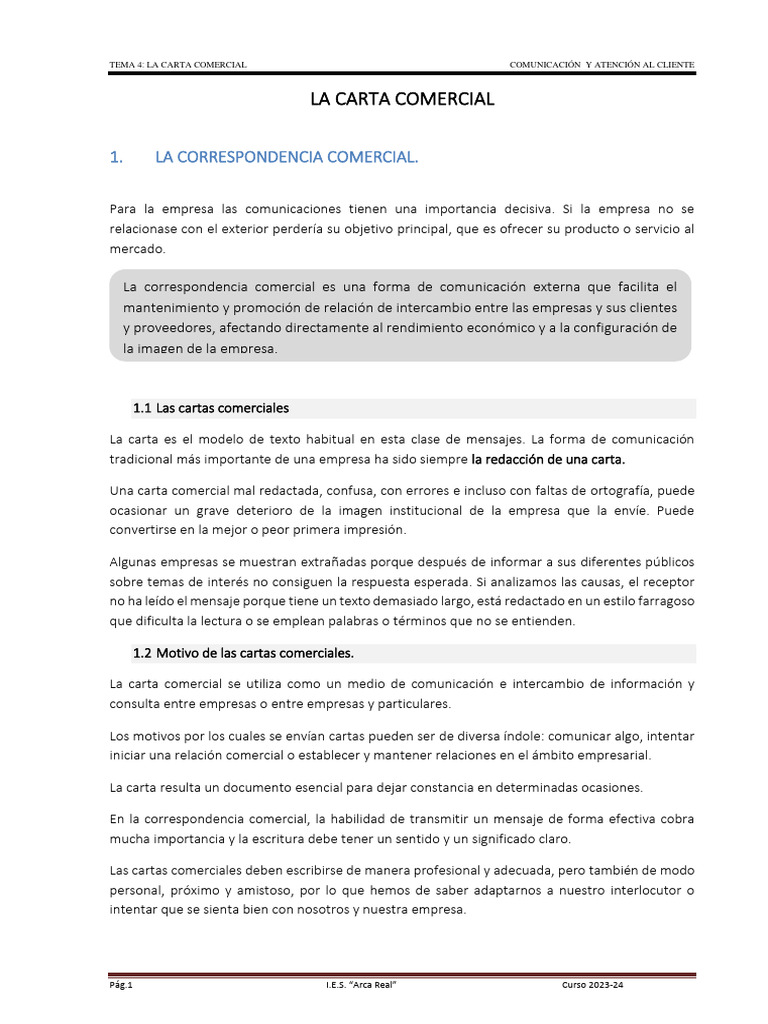 Tema 4 LA CARTA COMERCIAL | PDF | Business | Comunicación