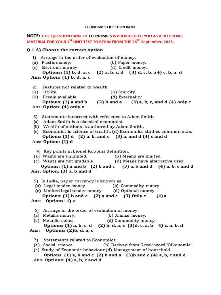 Economics Question Bank 2023 | PDF | Money | Economics