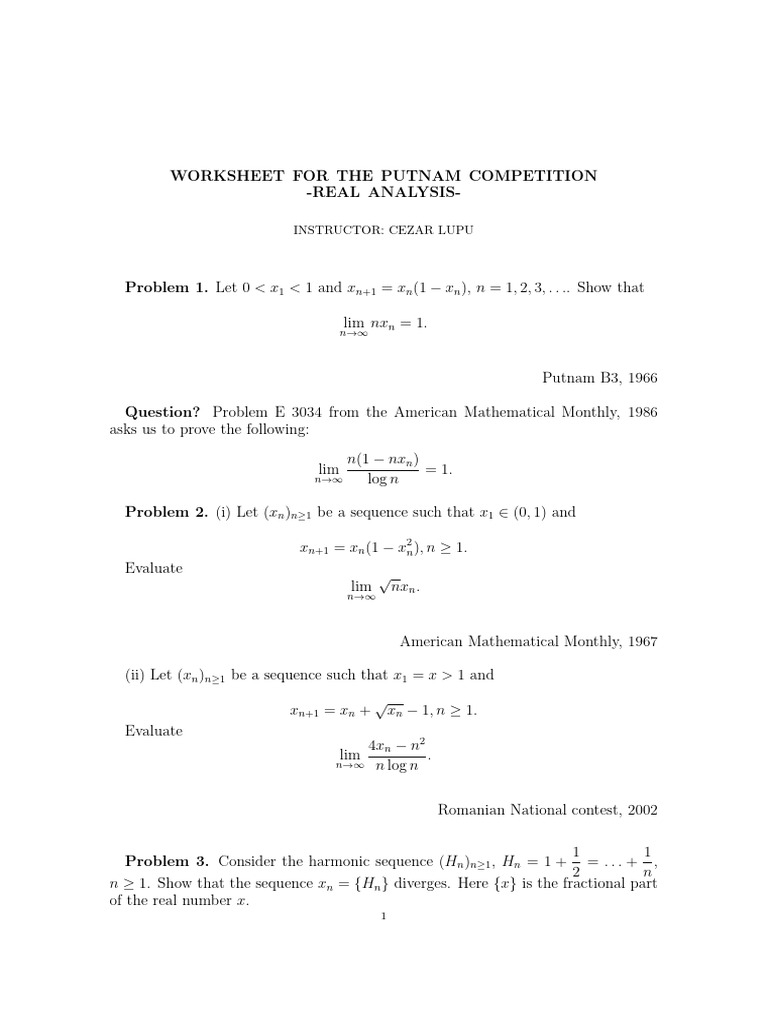 Putnam Competition Real Analysis Problems | PDF | Function (Mathematics ...