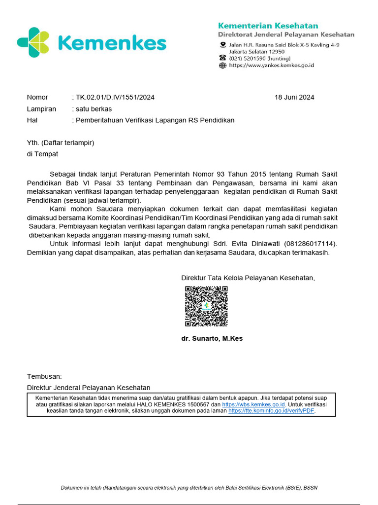 Surat Pemberitahuan Verifikasi RSP Juni-Juli 2024 | PDF