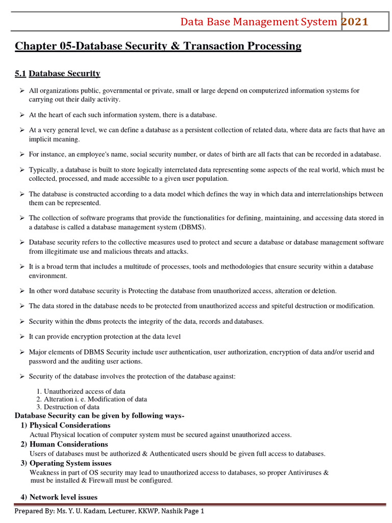 KKW Unit 5 Database Security | PDF | Databases | Database Transaction