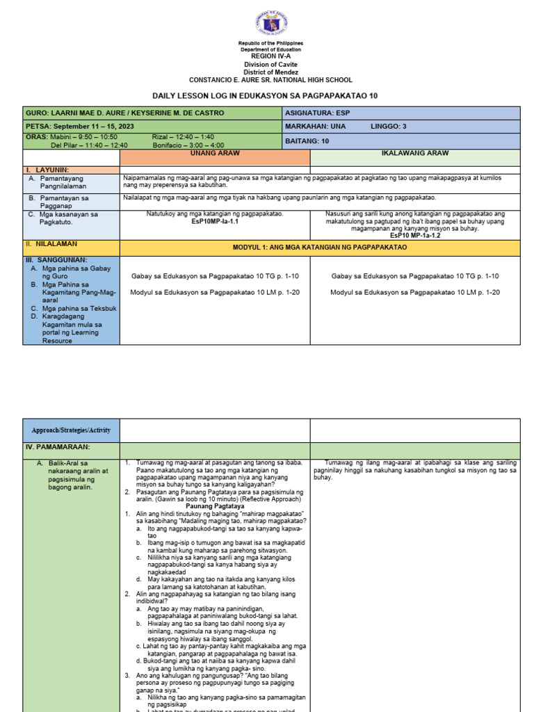 1stQ. DLL ESP 10 - Week 3 | PDF