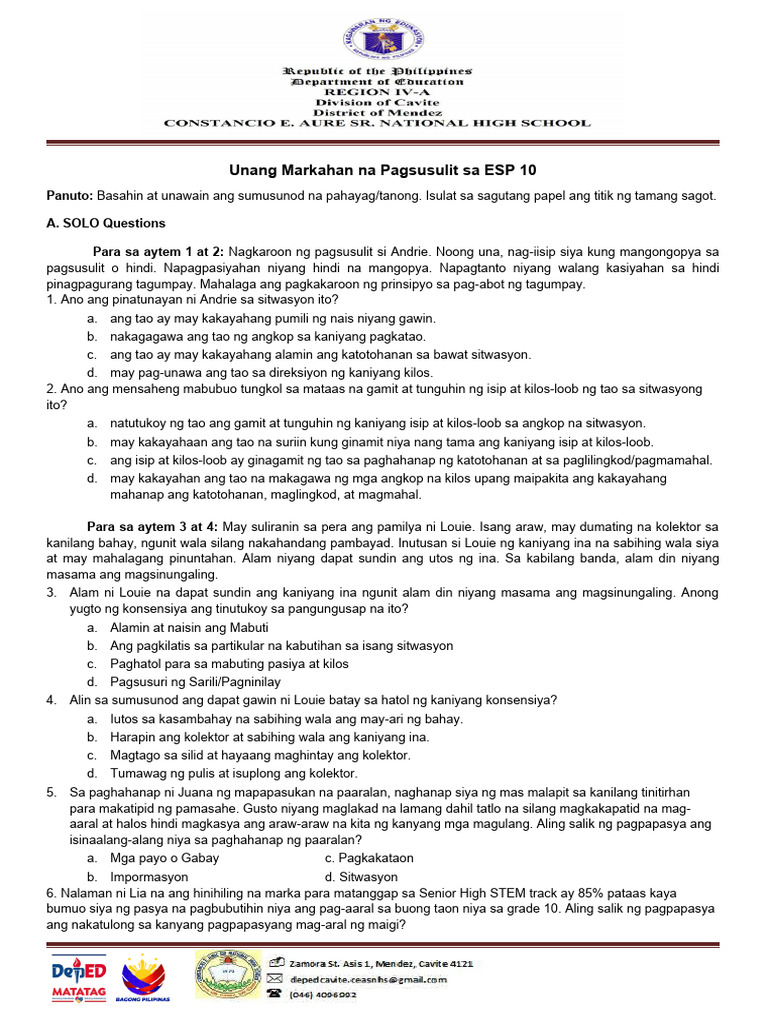 1stQ. Quarterly Exam - ESP 10 | PDF