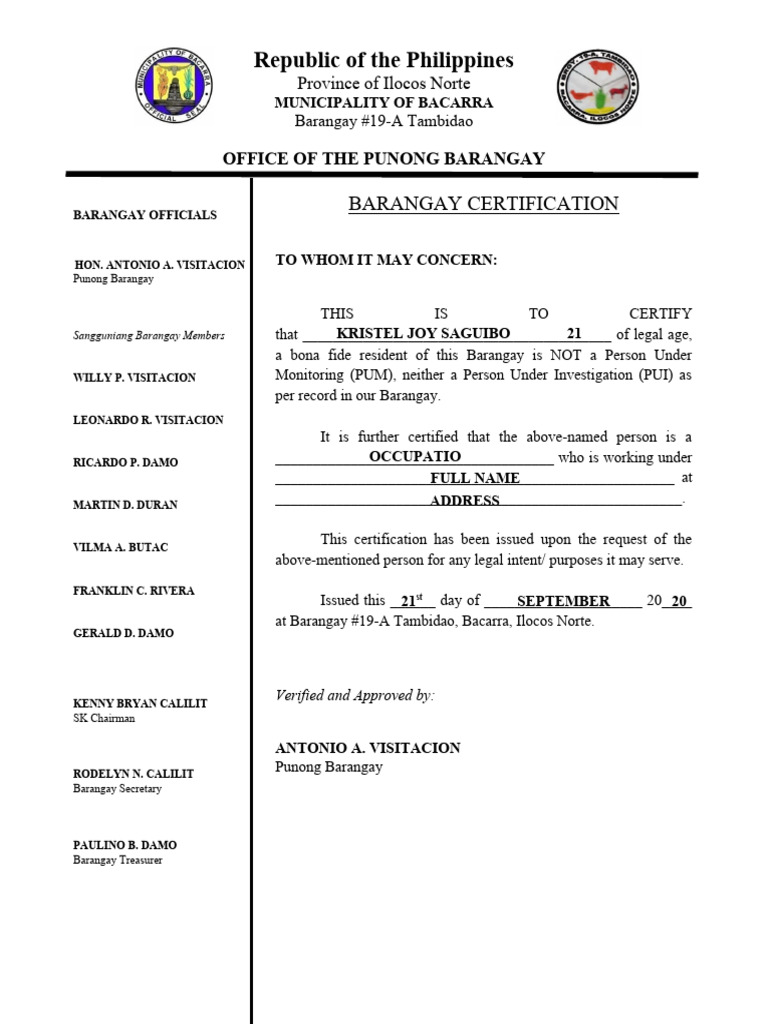 Barangay Certification Sample Template | PDF