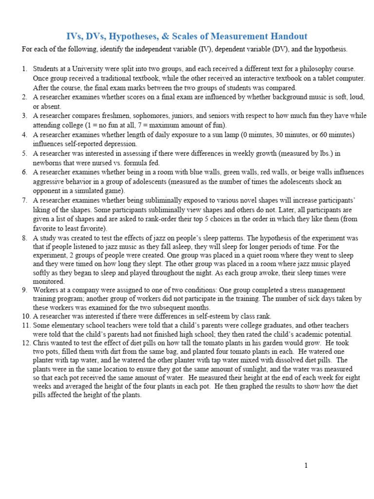 PSYC212 IV DV and Scales of Measurement Practice | PDF | Self Esteem ...