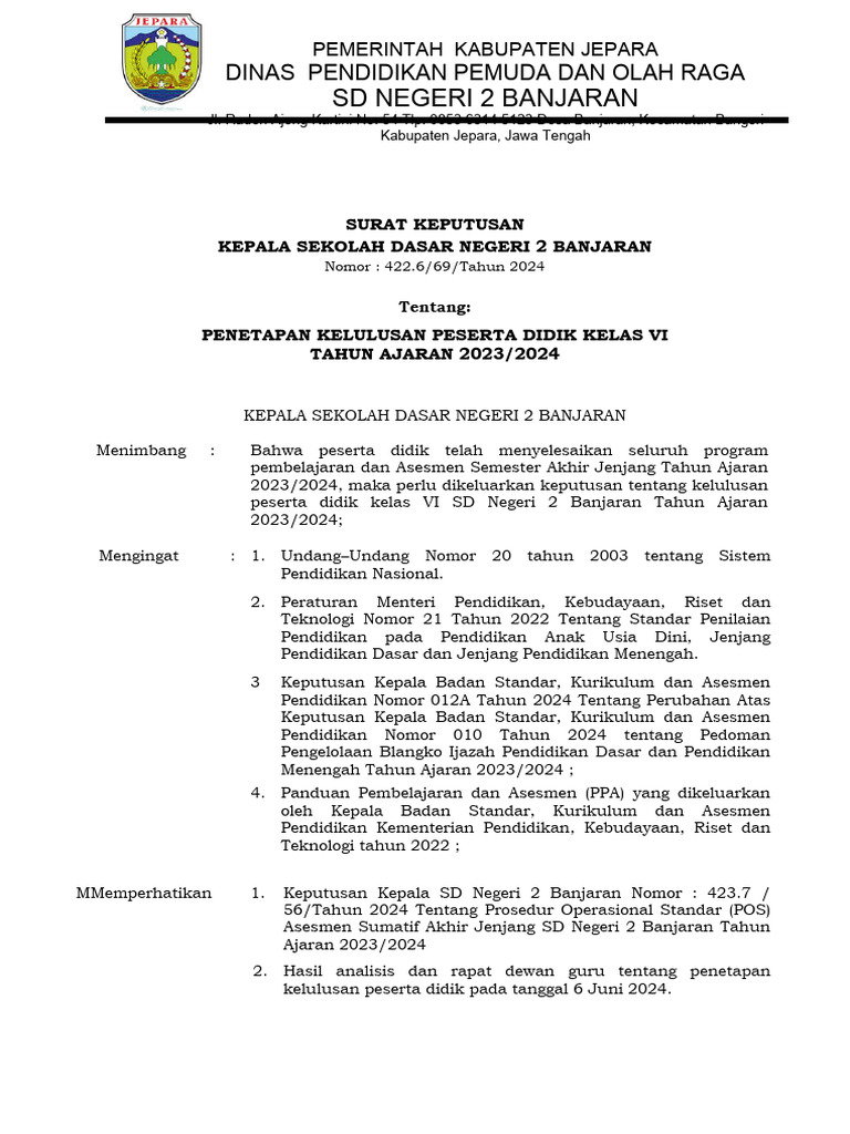 Contoh - SK Kepala Sekolah - Keputusan Kelulusan 2024 | PDF